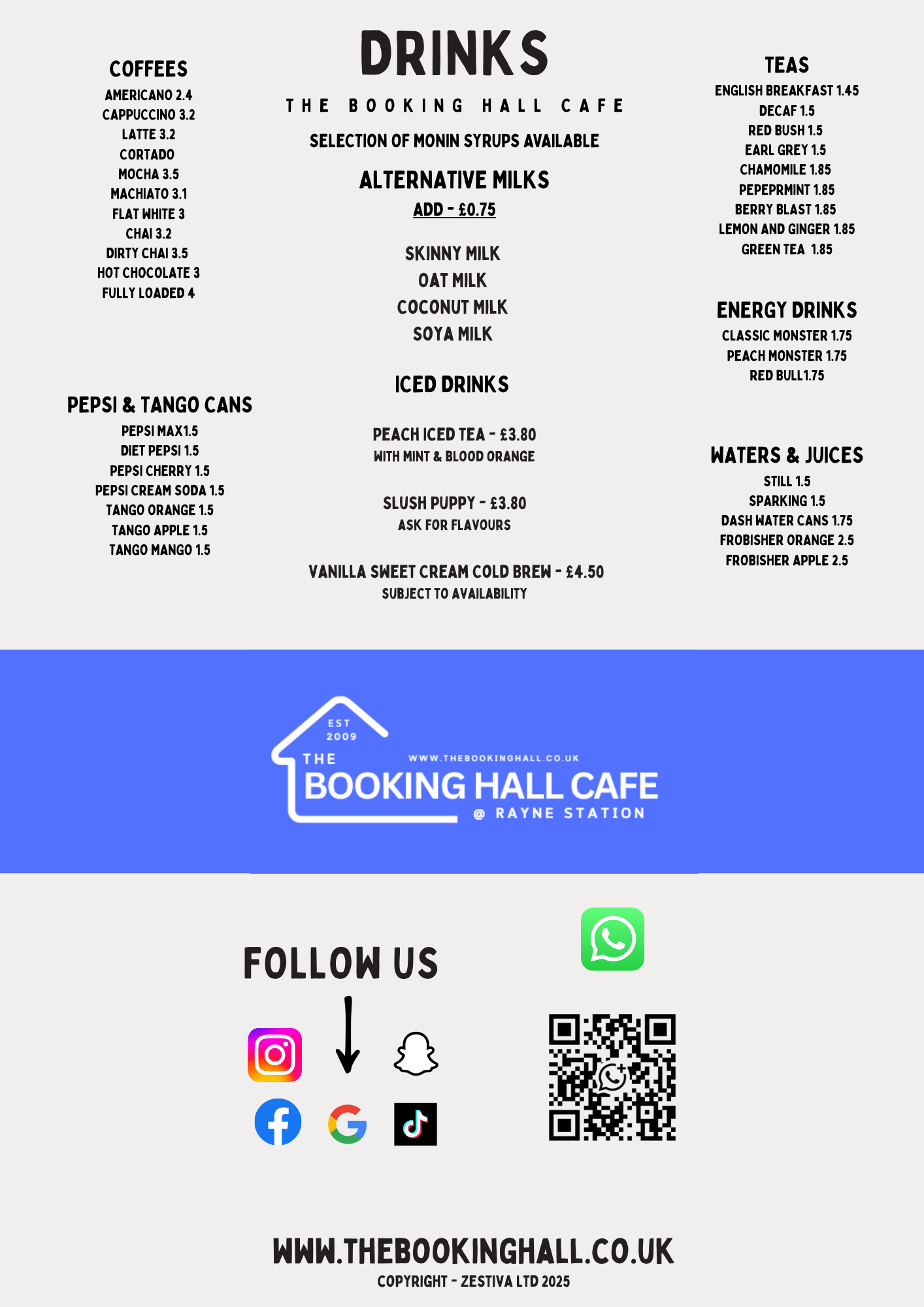 Menu | The Booking Hall Cafe @ Rayne Station on The Flitchway